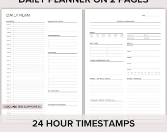 24 Hour Daily Planner Printable, Daily Plan on 2 Pages, Day on 2 Page ...