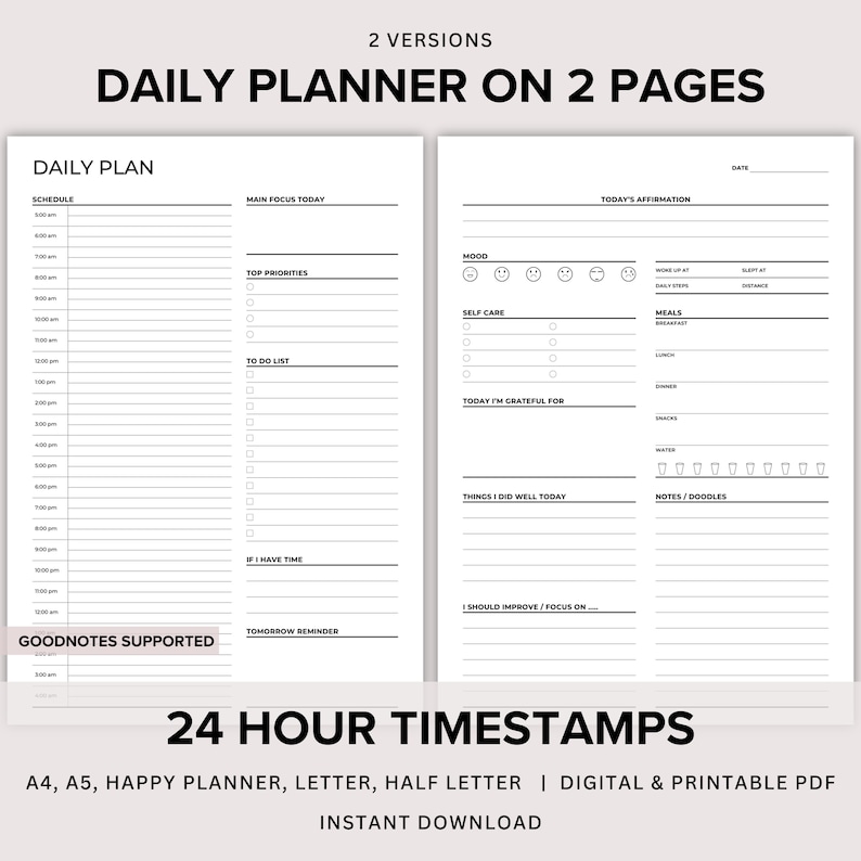 24 Hour Daily Planner Printable, Daily Plan on 2 Pages, Day on 2 Page ...