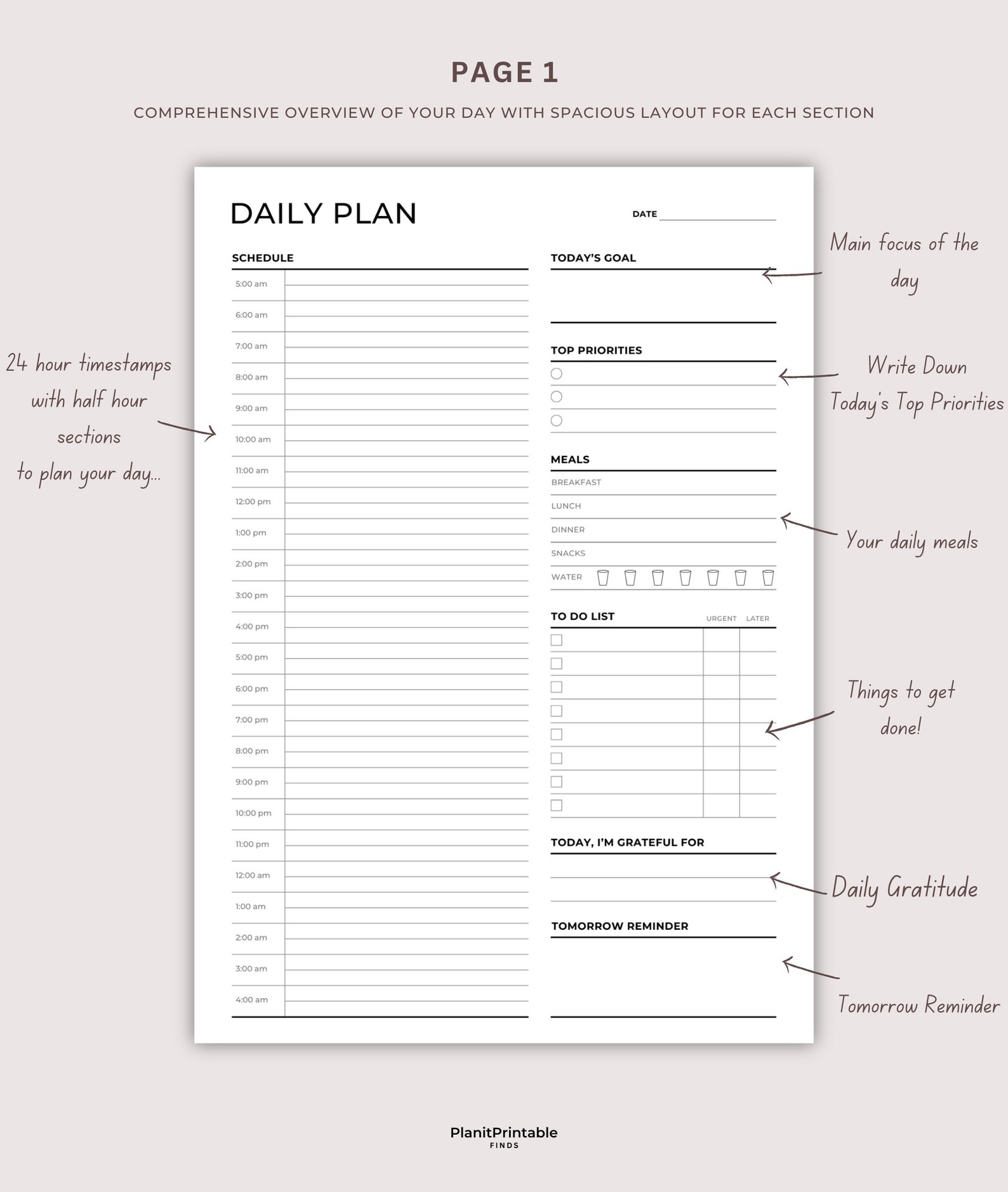 24 Hour Daily Planner Printable, Daily Plan on 2 Pages, Day on 2 Page ...