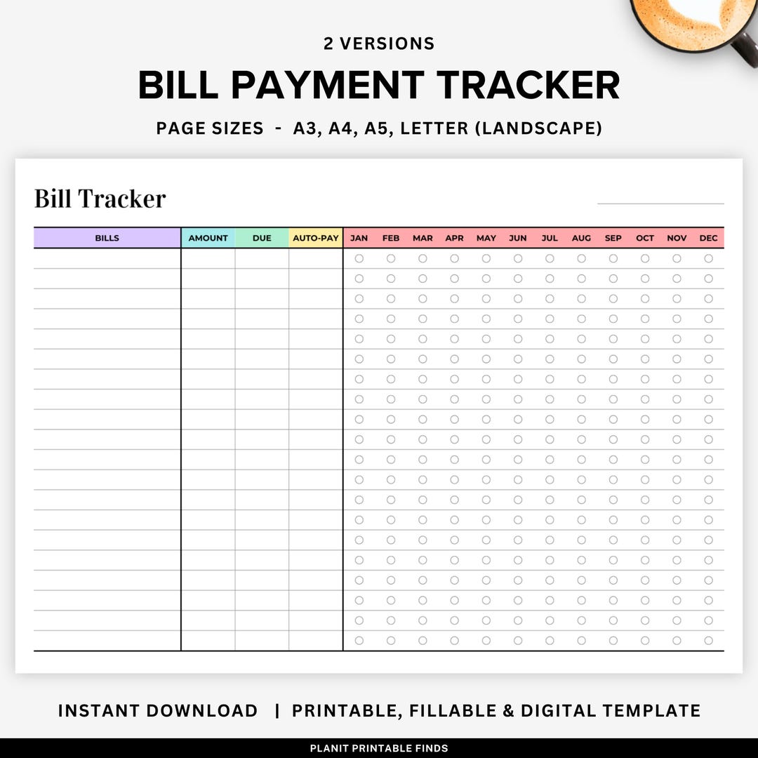 Bill Payment Tracker Yearly, 12 Month Bill Tracker, Bill Pay Organizer ...