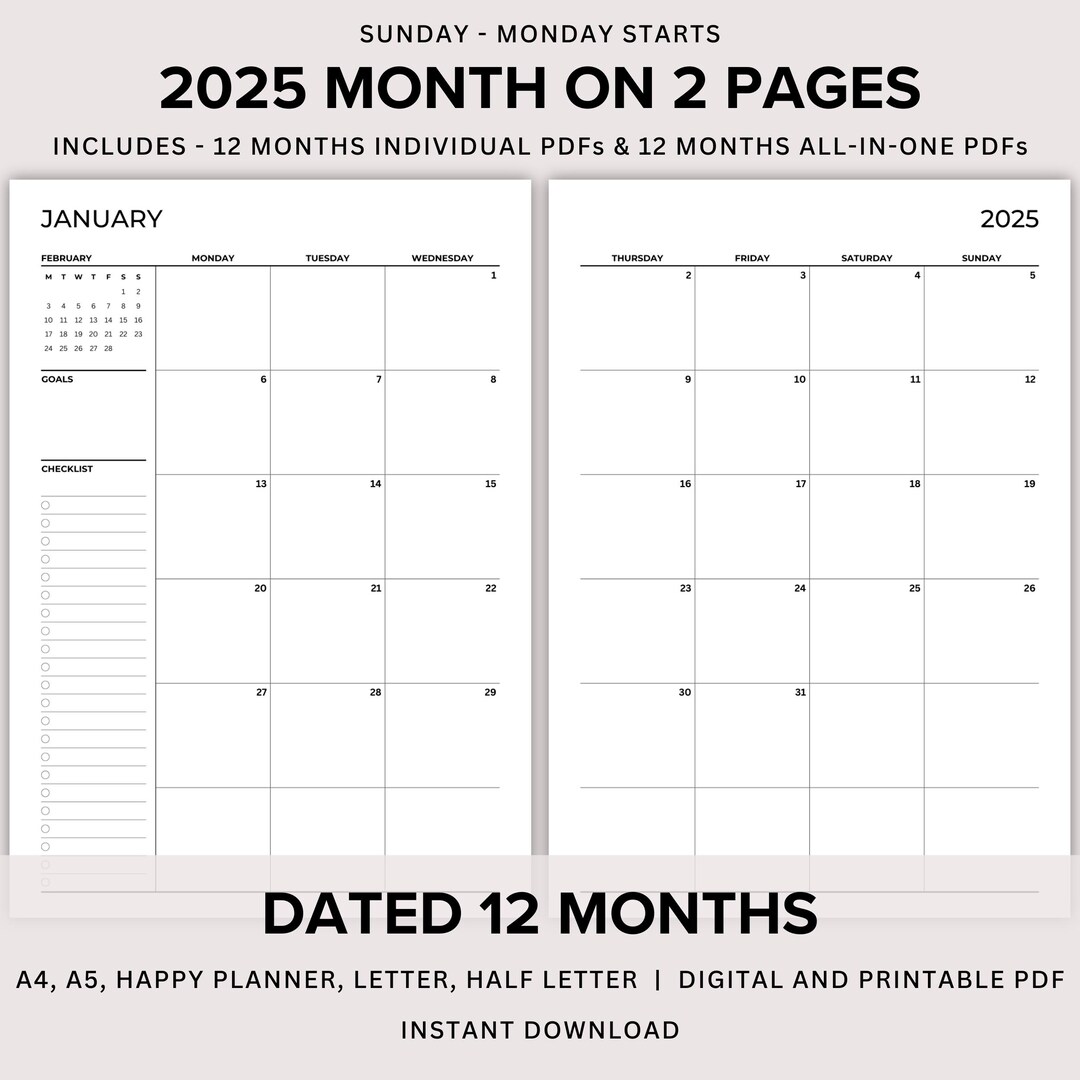 2025 Monthly Planner Printable: Two Page Layout (a4/a5/letter/half/hp ...