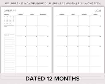 2025 Monthly Planner Printable, Dated Month on 2 Pages Lined, Monthly ...
