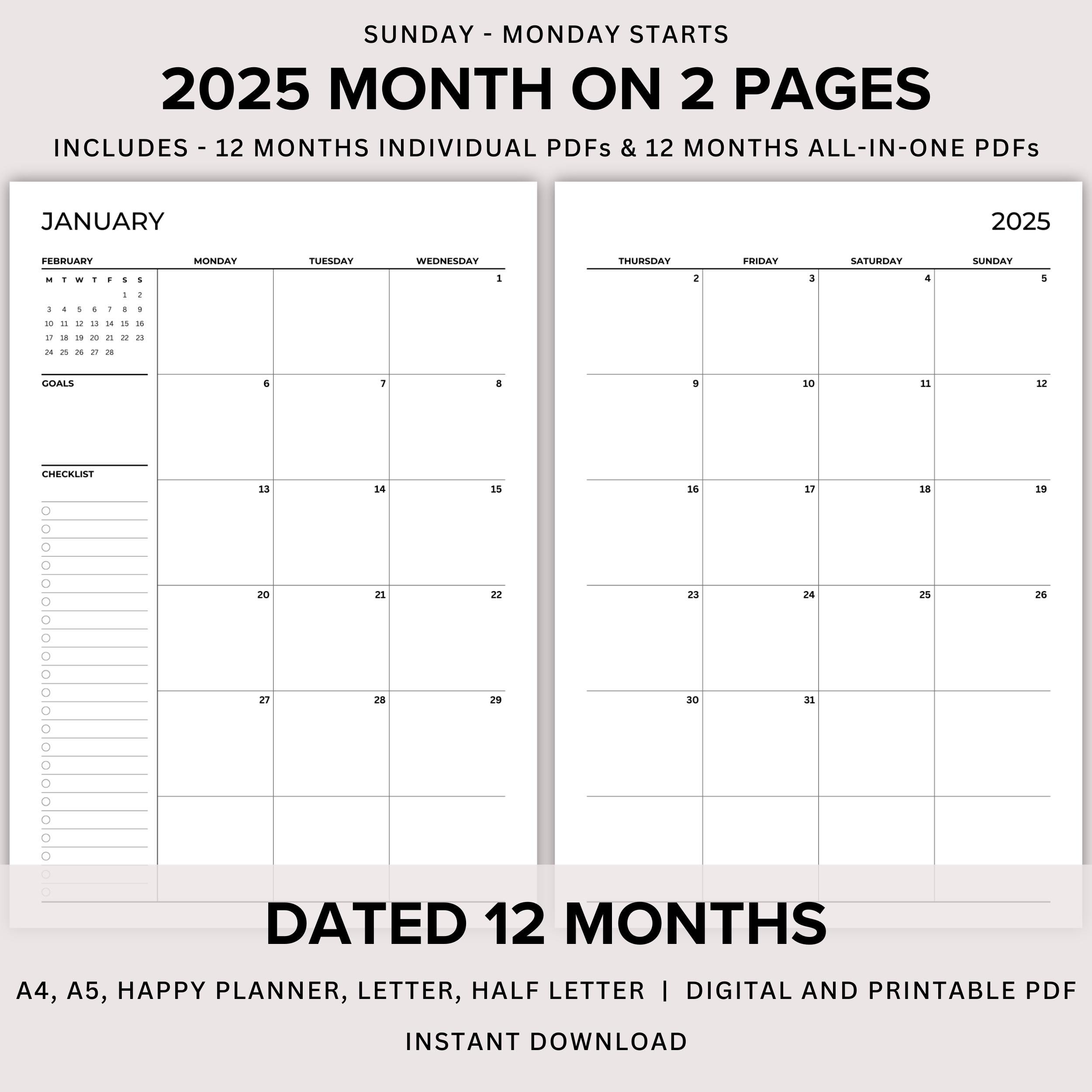 2025 Monthly Planner Printable: Two Page Layout (a4/a5/letter/half/hp ...
