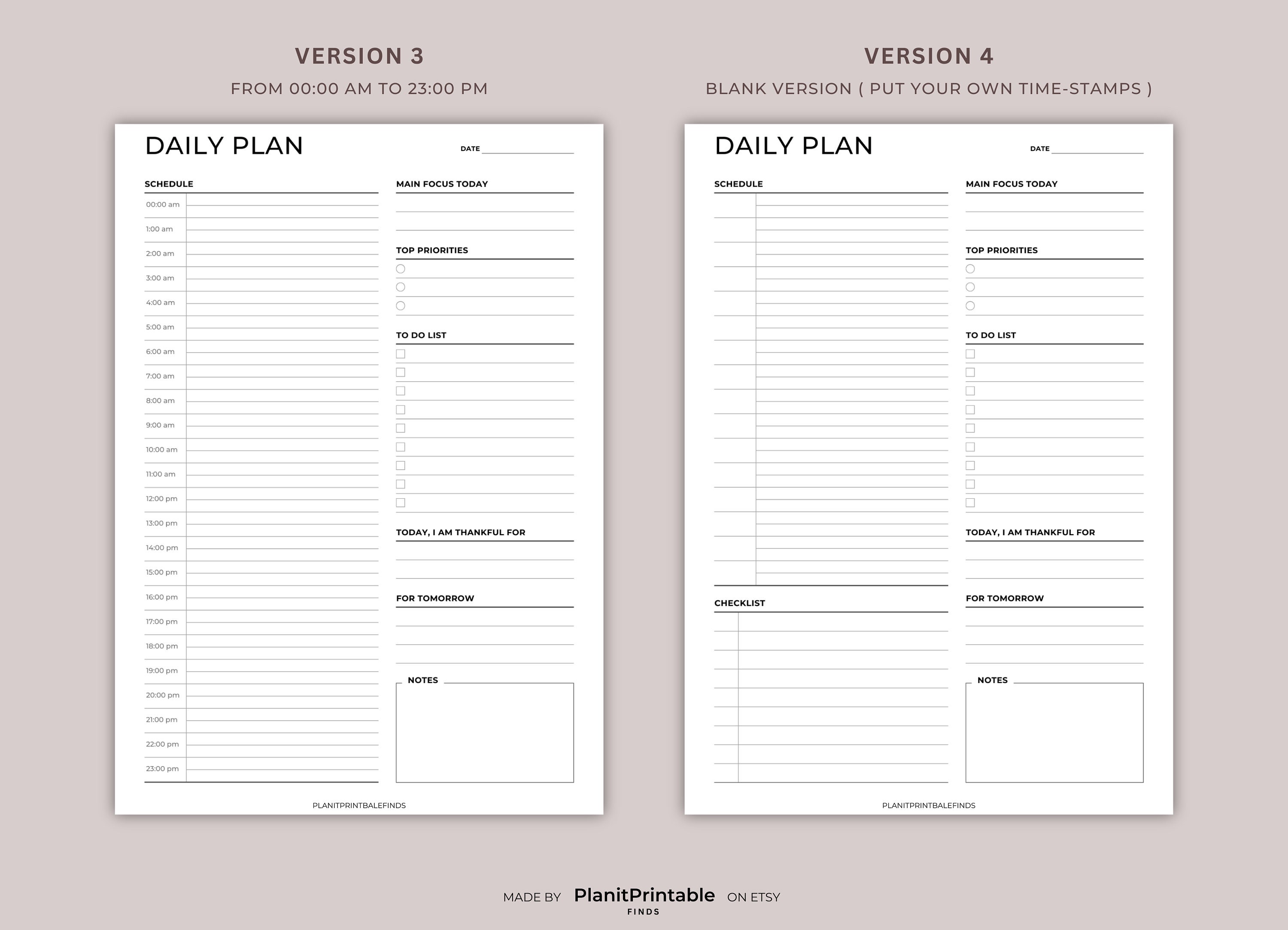 24 Hour Daily Planner Printable Daily Hourly Planner - Etsy