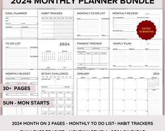 2024 Monthly Planner Printable, Dated Month on 2 Pages, Month at a ...