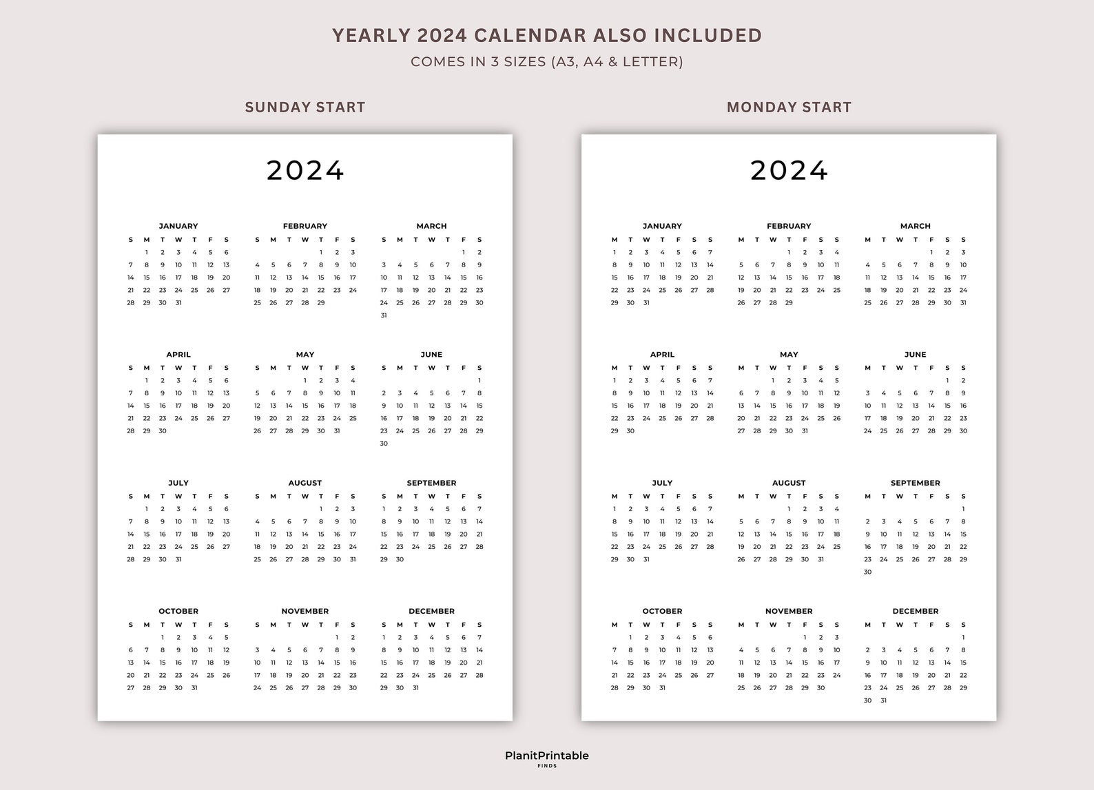 2024 Monthly Landscape Planner, Sunday & Monday Start,2024 Month on 1 ...