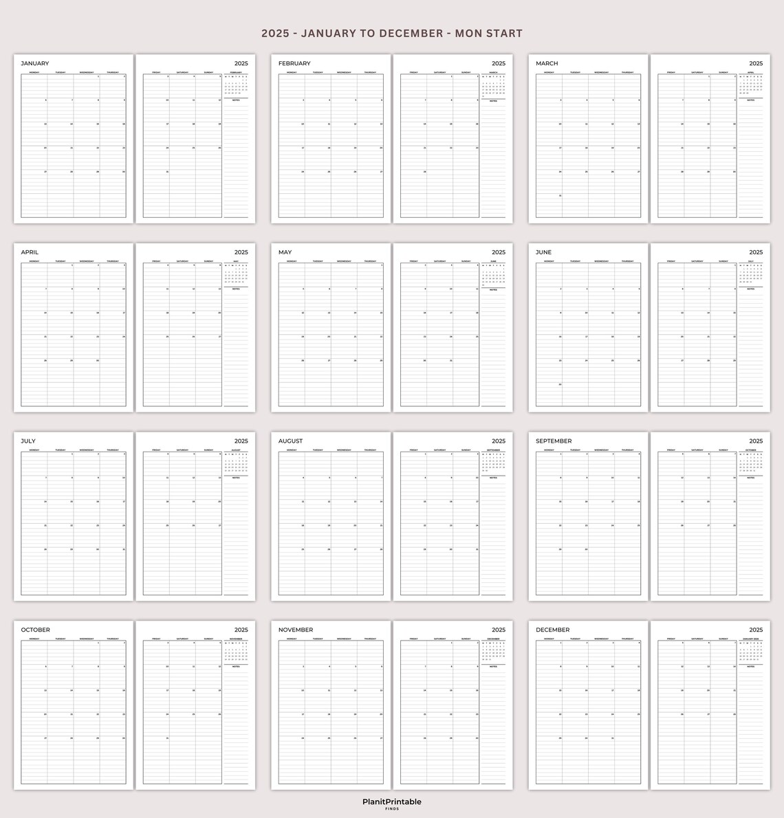2025 Monthly Planner Printable, Dated Month on 2 Pages Lined, Monthly ...