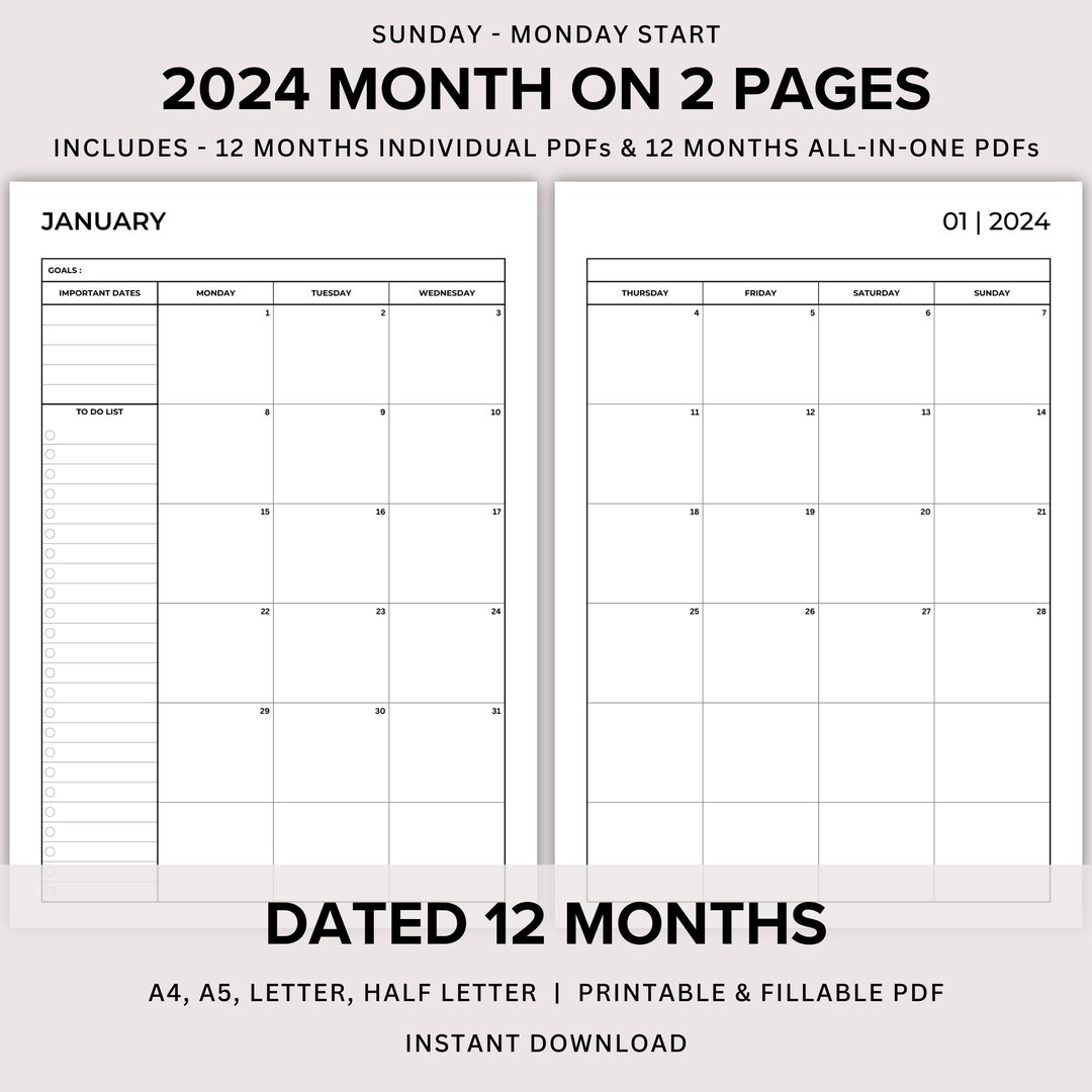 2024 Monthly Planner Printable, Dated Month on 2 Pages, Month at a ...