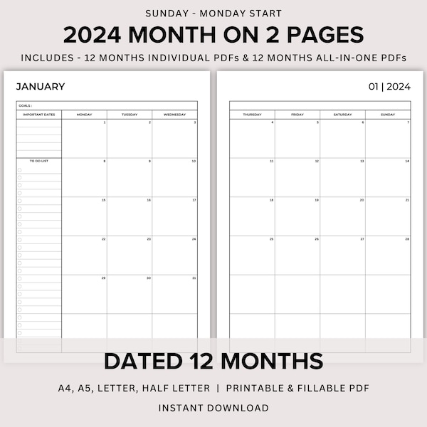 2 Page Layout Editable Calendar - Etsy