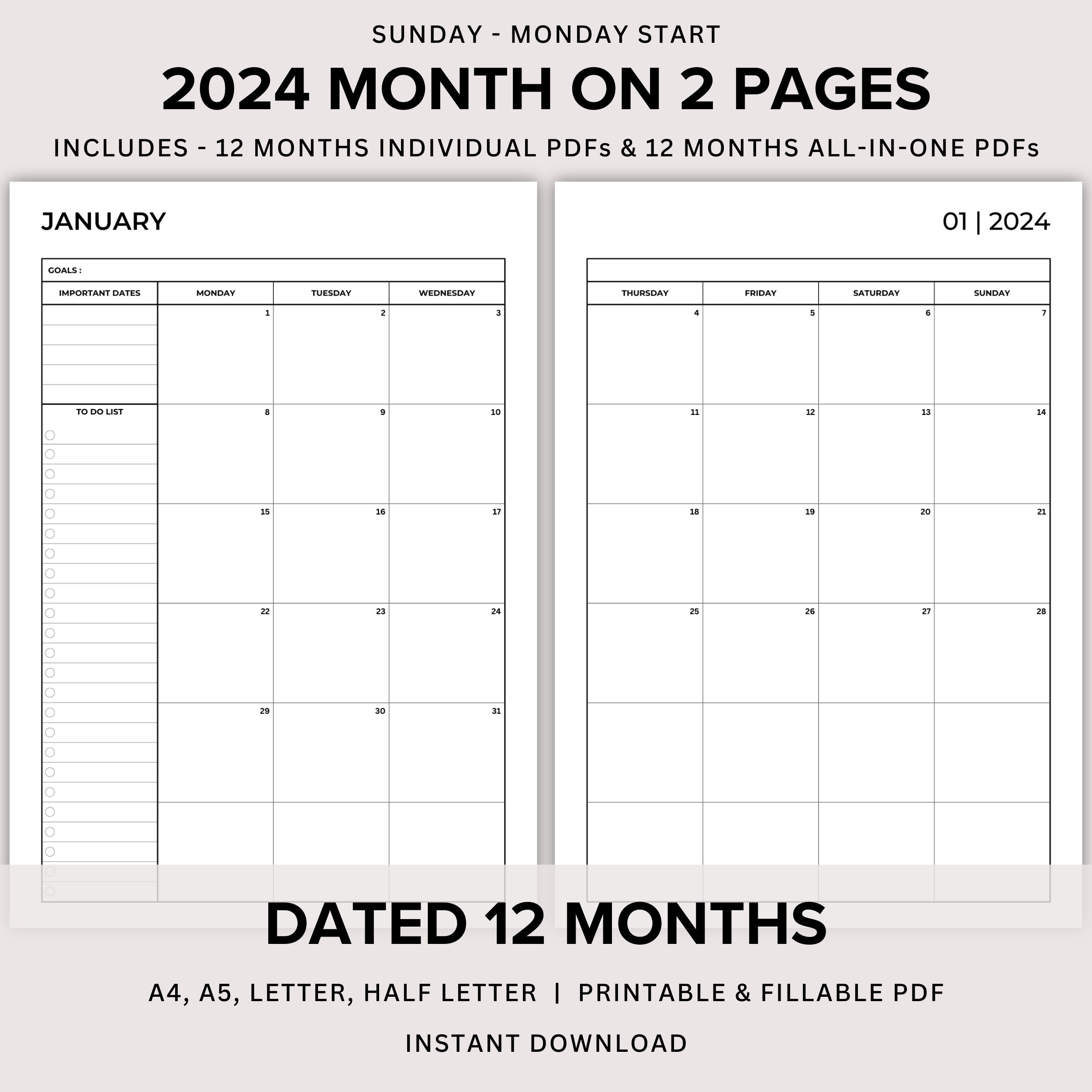 2024 Monthly Planner Printable, Dated Month on 2 Pages, Month at a ...