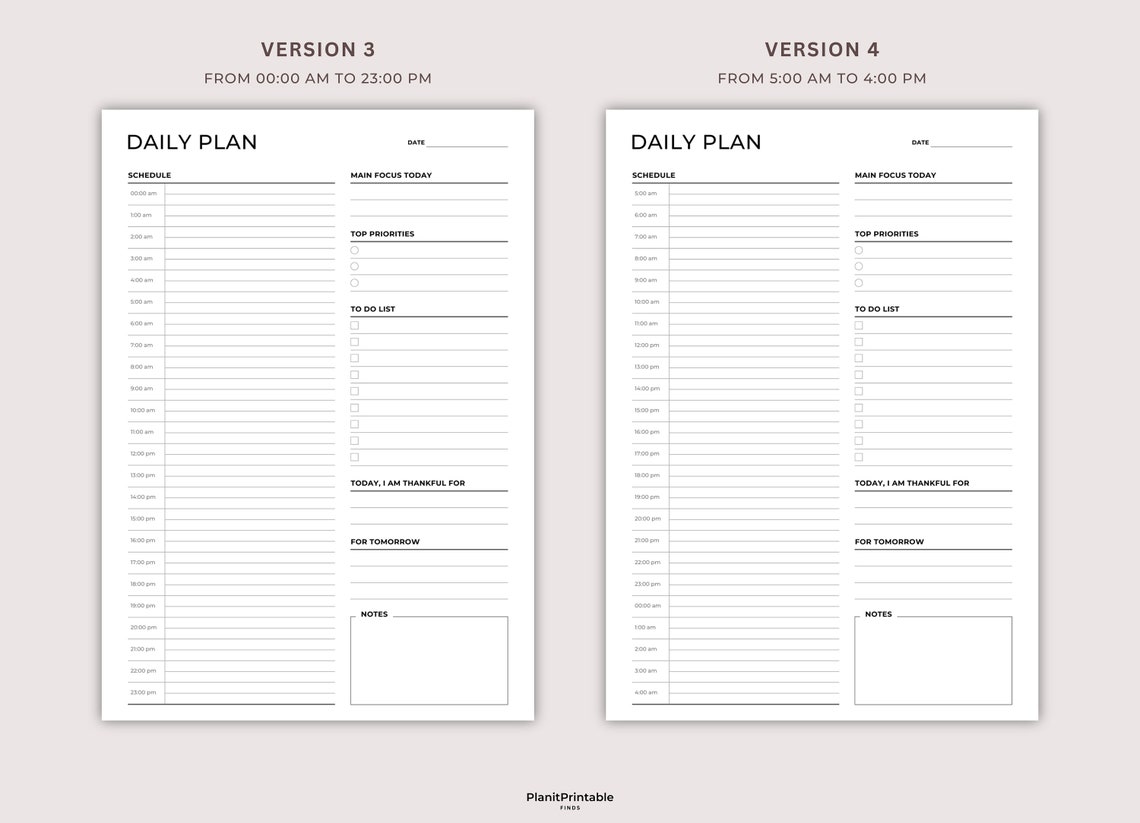 24 Hour Daily Planner Printable, Daily Hourly Planner, Everyday Planner ...