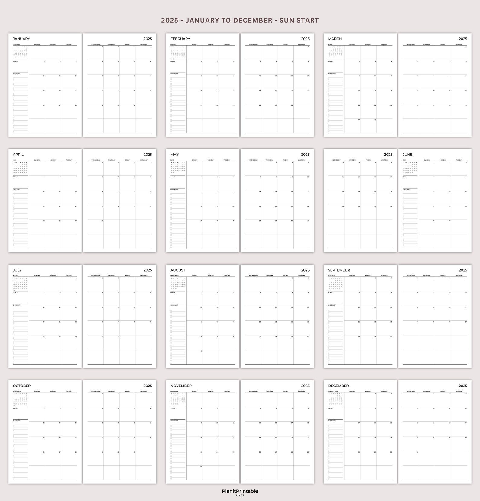2025 Monthly Planner Printable: Two Page Layout (a4/a5/letter/half/hp ...