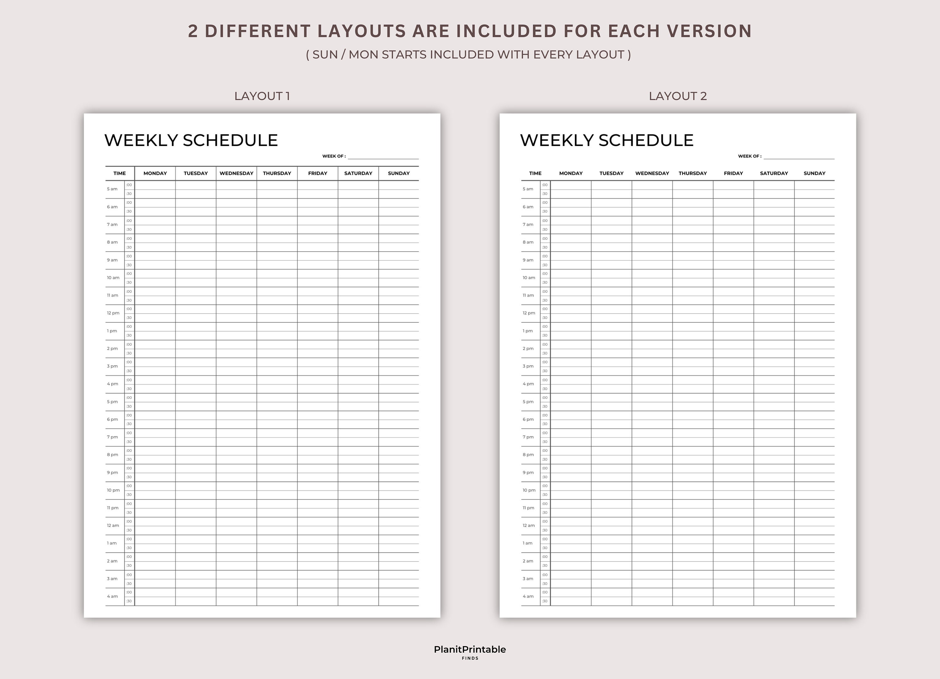 Half Hour Weekly Schedule Printable, Weekly to Do List, 24 Hour Weekly ...