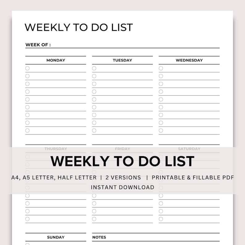 Weekly to Do List Printable, Weekly Task List, Weekly Checklist, Weekly ...