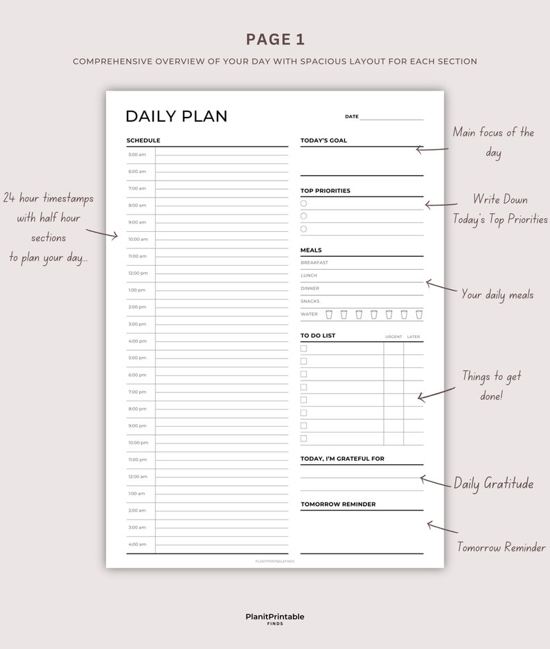 24 Hour Daily Planner Printable, Daily Plan on 2 Pages, Daily Goal ...