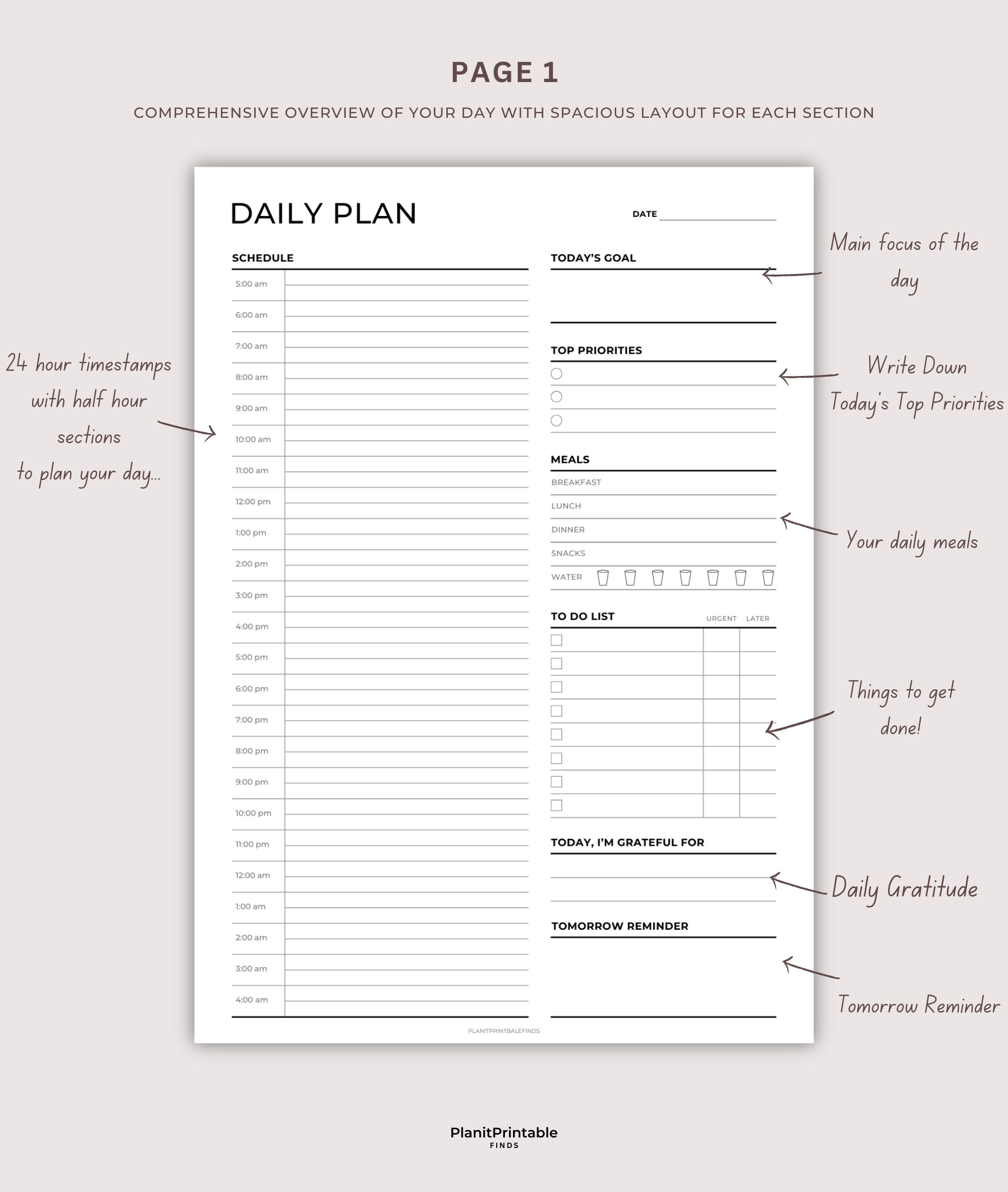 24 Hour Daily Planner Printable, Daily Plan on 2 Pages, Daily Goal ...