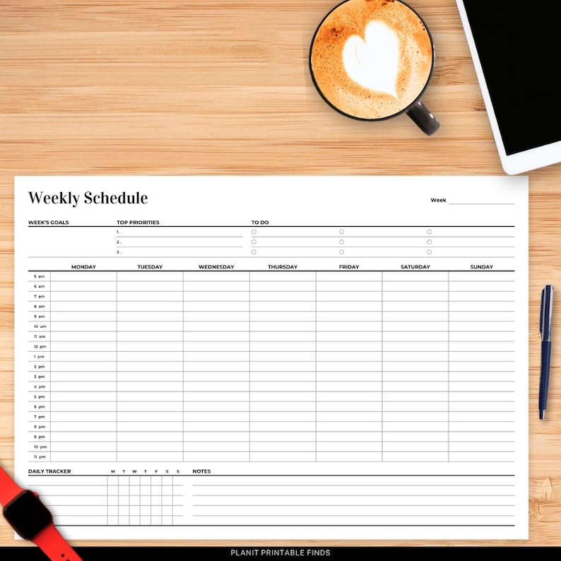 Hourly Week Schedule Printable: Landscape Planner Template (digital ...