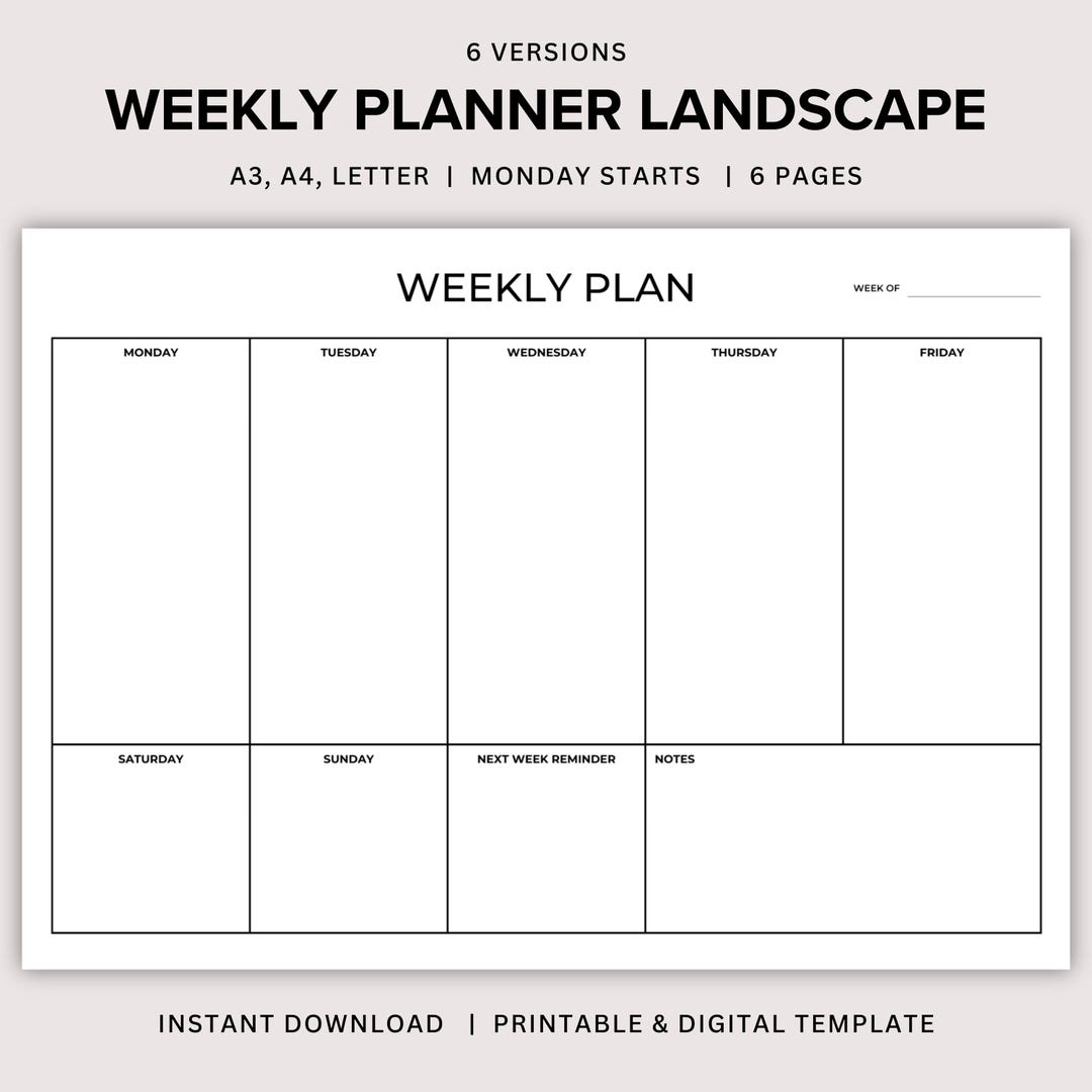 Weekly Planner Printable Minimalist Planner Landscape Undated Planner ...