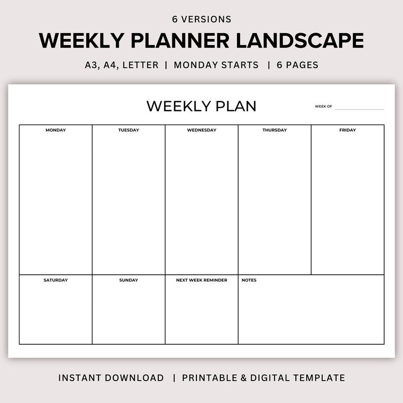 Minimalist Weekly Planner: Landscape Layout, Undated (a3/a4/letter) - Etsy