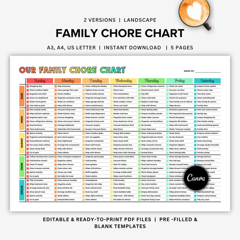 Editable Weekly Adult Kids Family Chore Chart A3 A4 Letter Printable ...