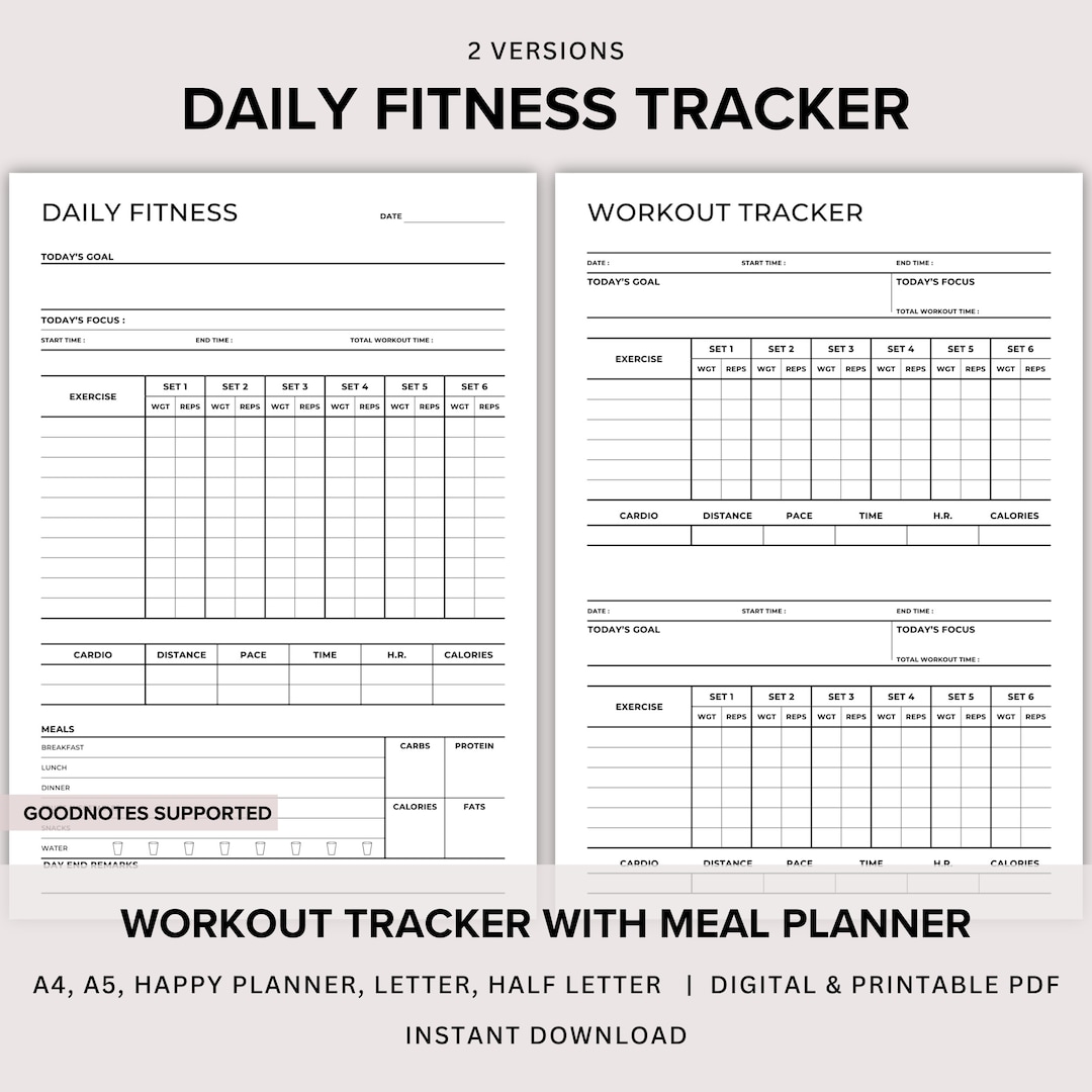 Workout Tracker Printable, Daily Workout Tracker With Meal Planner ...