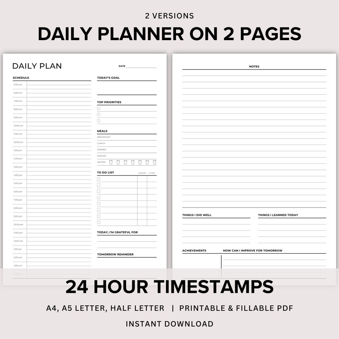 24 Hour Daily Planner Printable, Daily Plan on 2 Pages, Day on 2 Page ...