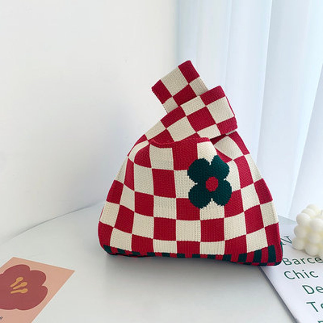 White Red Checker Crochet Knitted Bag, Small Satchel Shopping Bag ...
