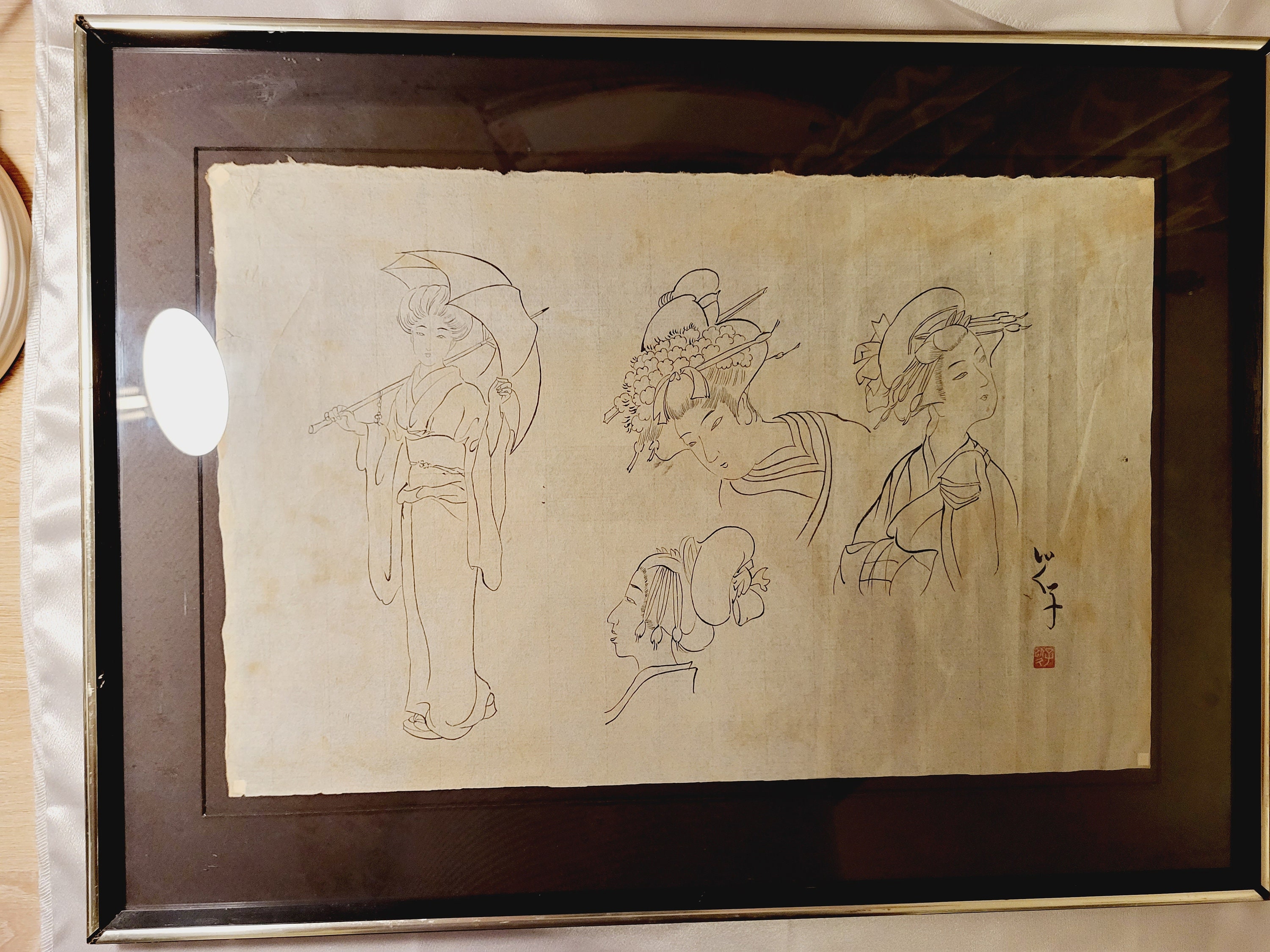 Vintage Japanese Geisha Art Signed by Artist Ink on Rice Paper ...