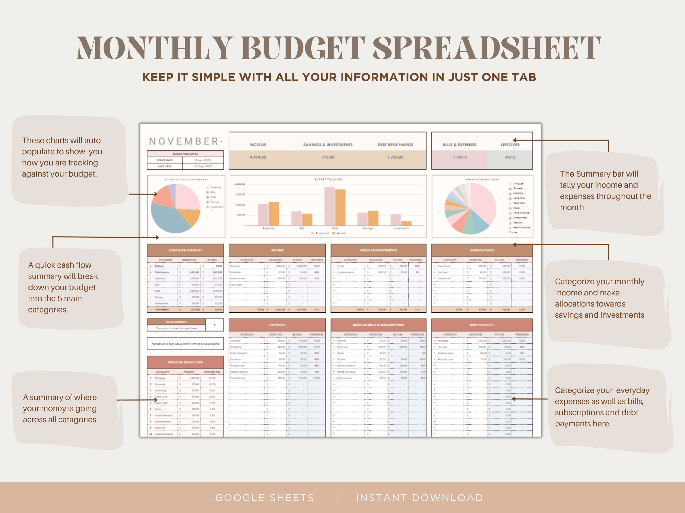 Simple Budget Template: Google Sheets Finance Tracker (digital Download ...
