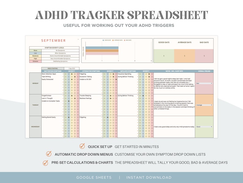 ADHD Tracker Spreadsheet Template for Adults - Track Daily Levels ...