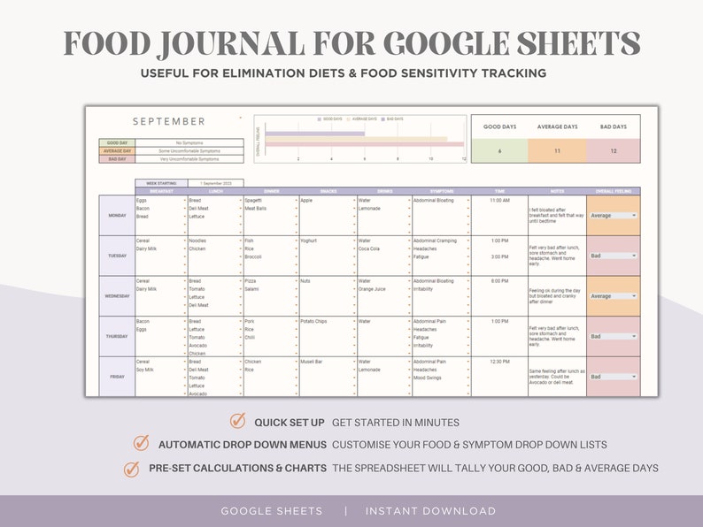 Food Journal: Allergy & Intolerance Tracker - Google Sheets (digital ...