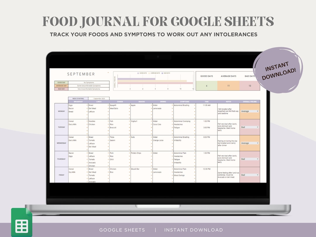 Food Journal for Intolerances and Allergies - Google Sheets Diary for ...
