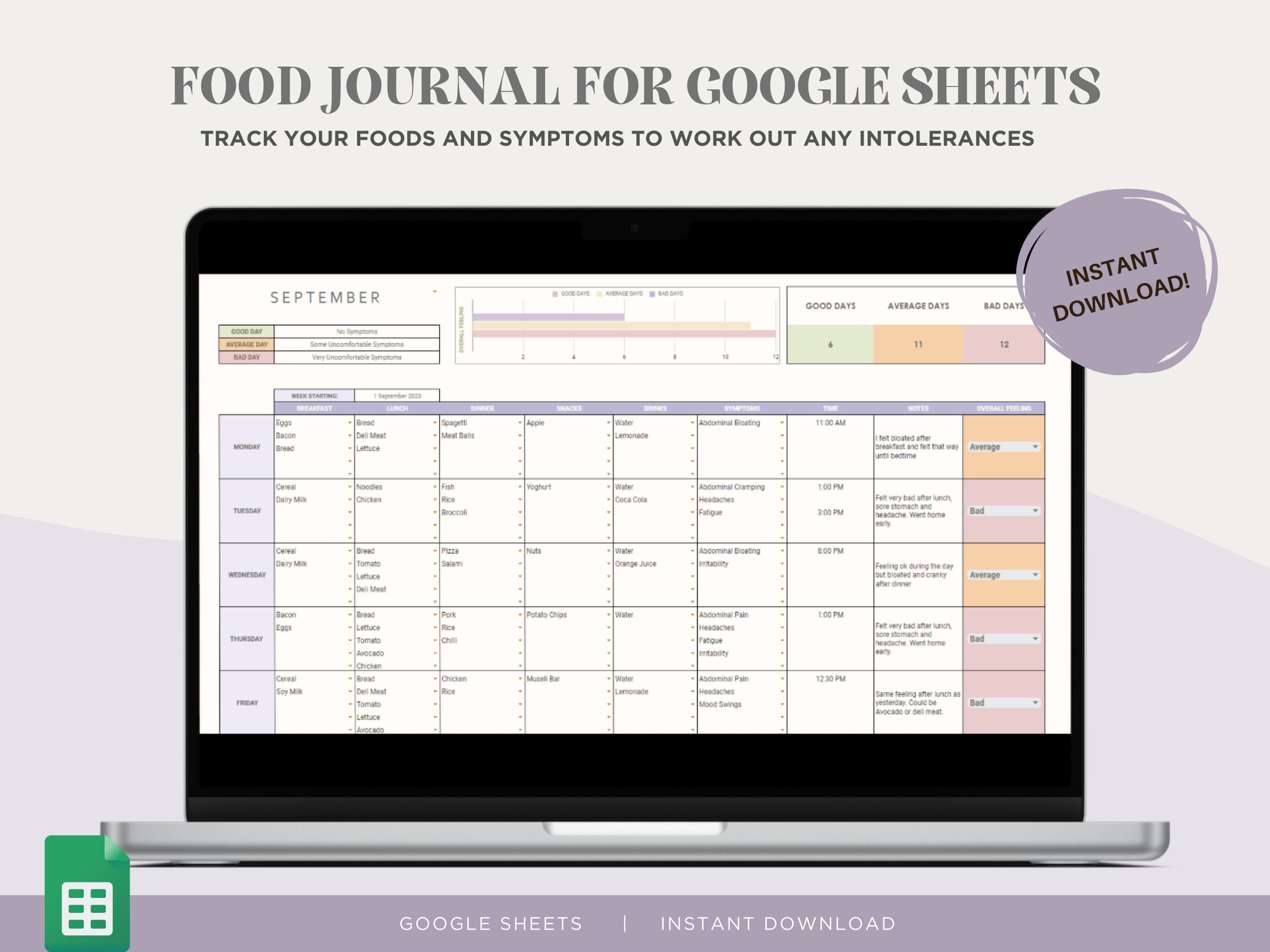 Food Journal for Intolerances and Allergies - Google Sheets Diary for ...