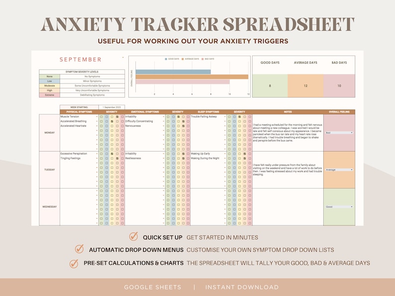 Anxiety Tracker Spreadsheet Template - Track Daily Anxiety Levels and ...