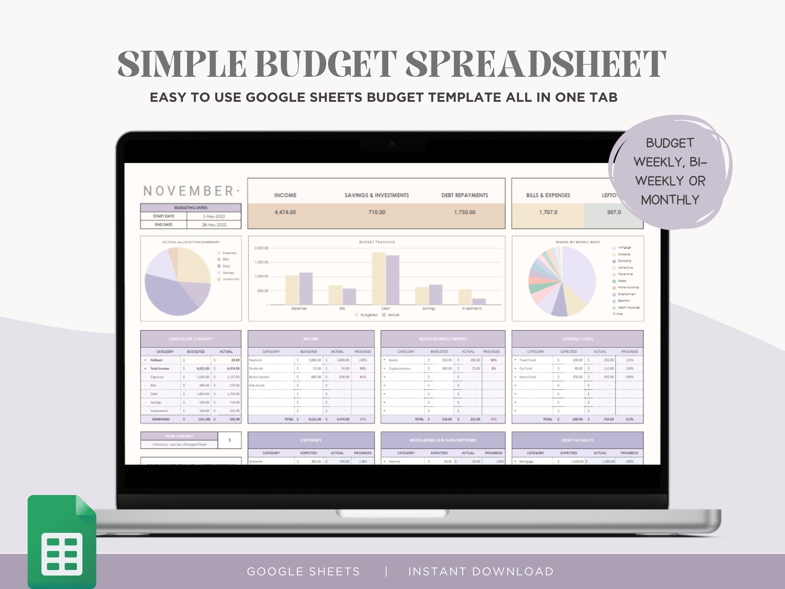Simple Budget Template for Google Sheets Monthly Weekly - Etsy