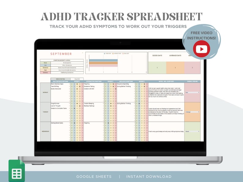 ADHD Tracker Spreadsheet Template for Adults - Track Daily Levels ...