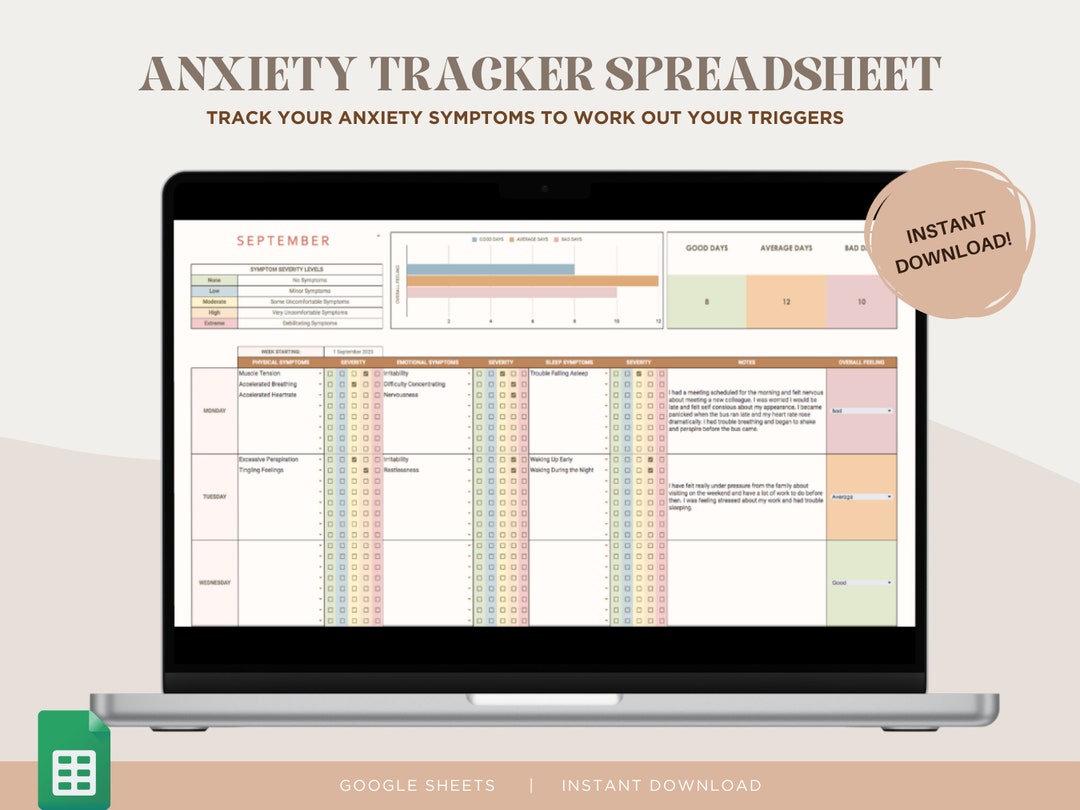Anxiety Tracker Spreadsheet Template, Track Daily Anxiety Levels and ...