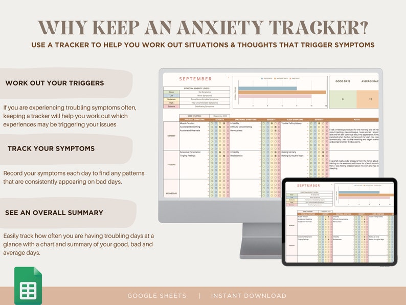 Anxiety Tracker Spreadsheet Template - Track Daily Anxiety Levels and ...