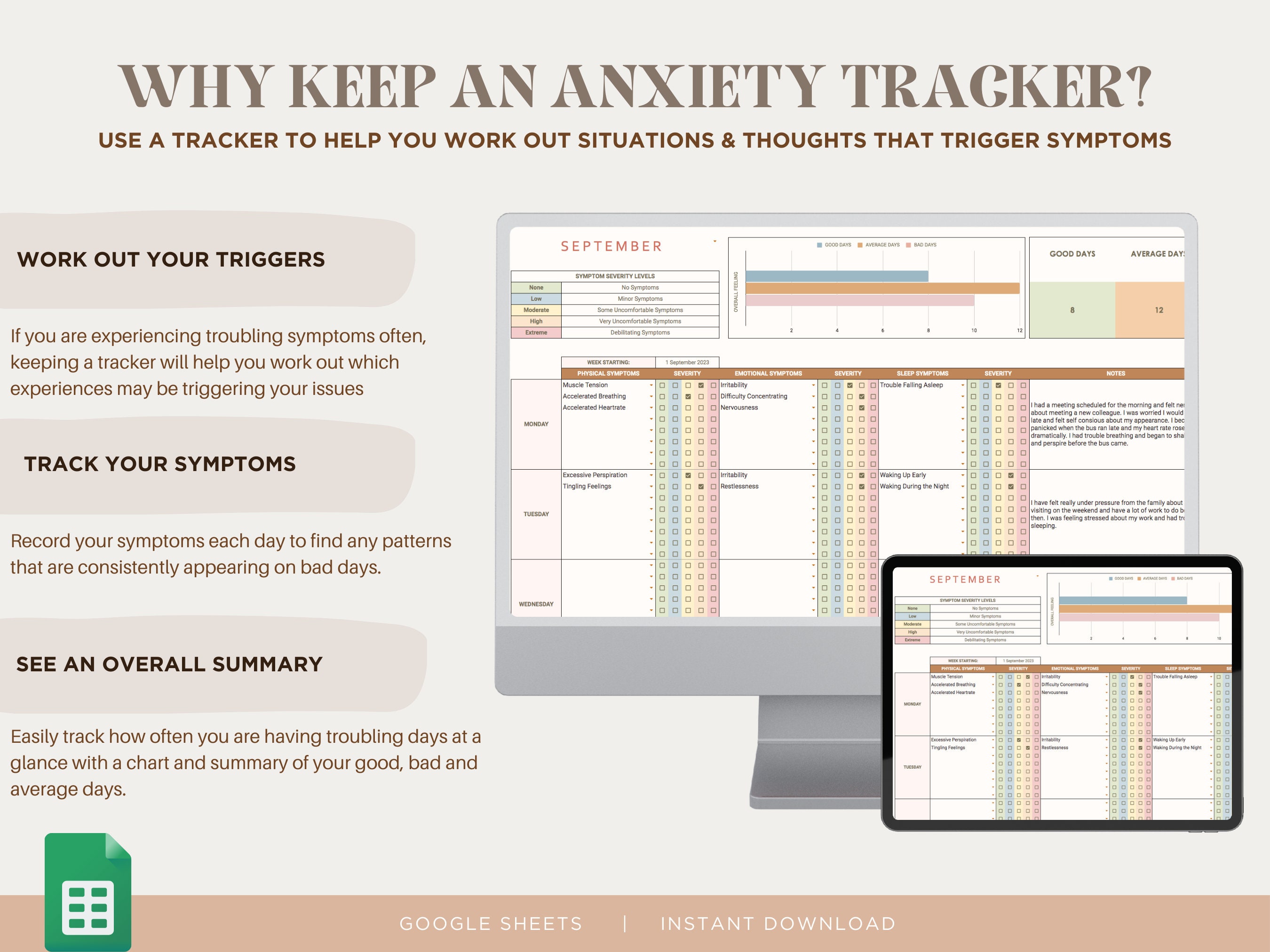 Anxiety Tracker Spreadsheet Template - Track Daily Anxiety Levels and ...