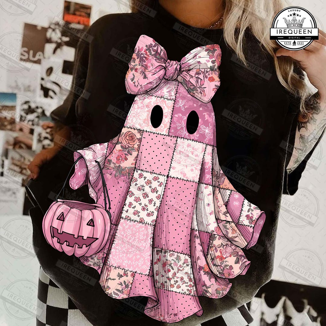 Retro Halloween Floral Pink Ghost Png, Trendy Patchwork Spooky Ghost ...
