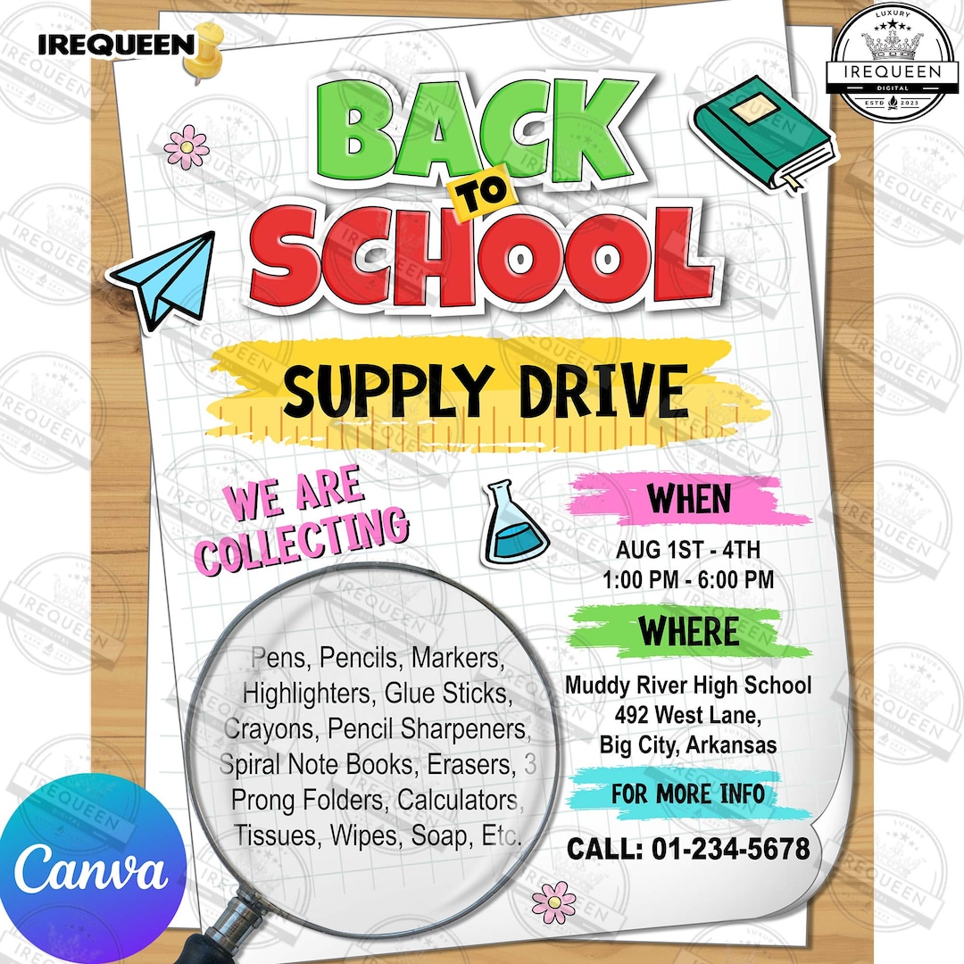 School Supply Drive Flyer Canva Template, Printable Back to School ...