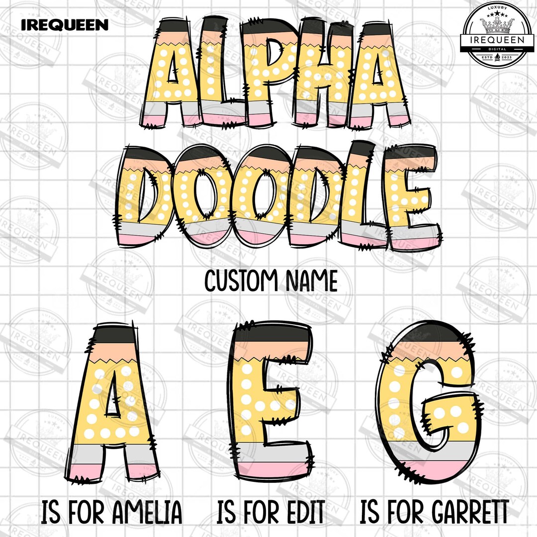 Custom Name Alpha Doodle PNG Bundle, Alpha Pencil Set Png, Bright Color ...