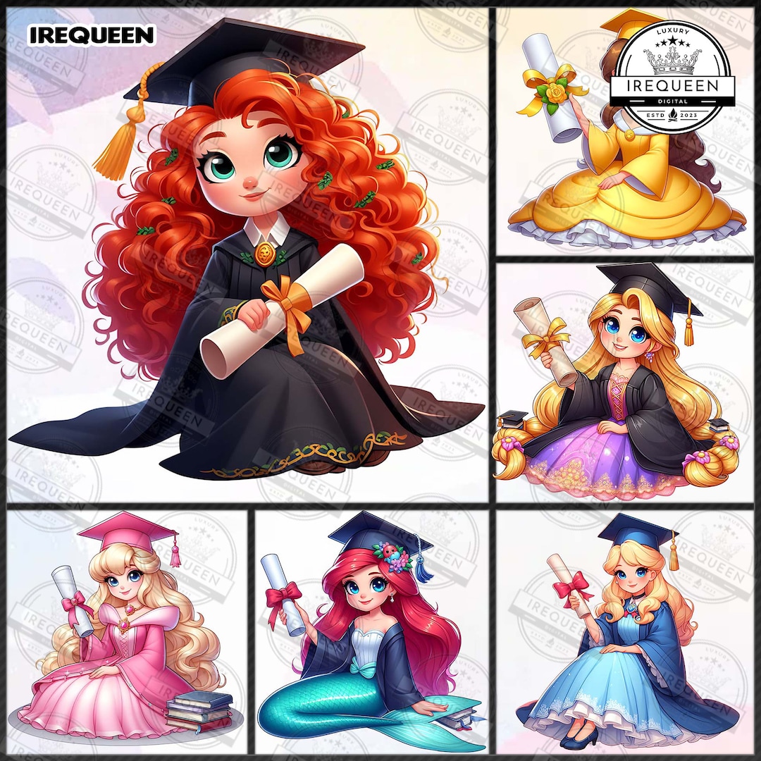 6 Cartoon Princess Graduation 2024 Png Bundle, Cartoon Graduate Png ...