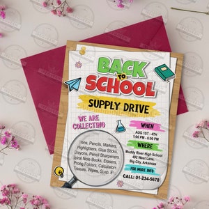 School Supply Drive Flyer Canva Template, Printable Back to School ...