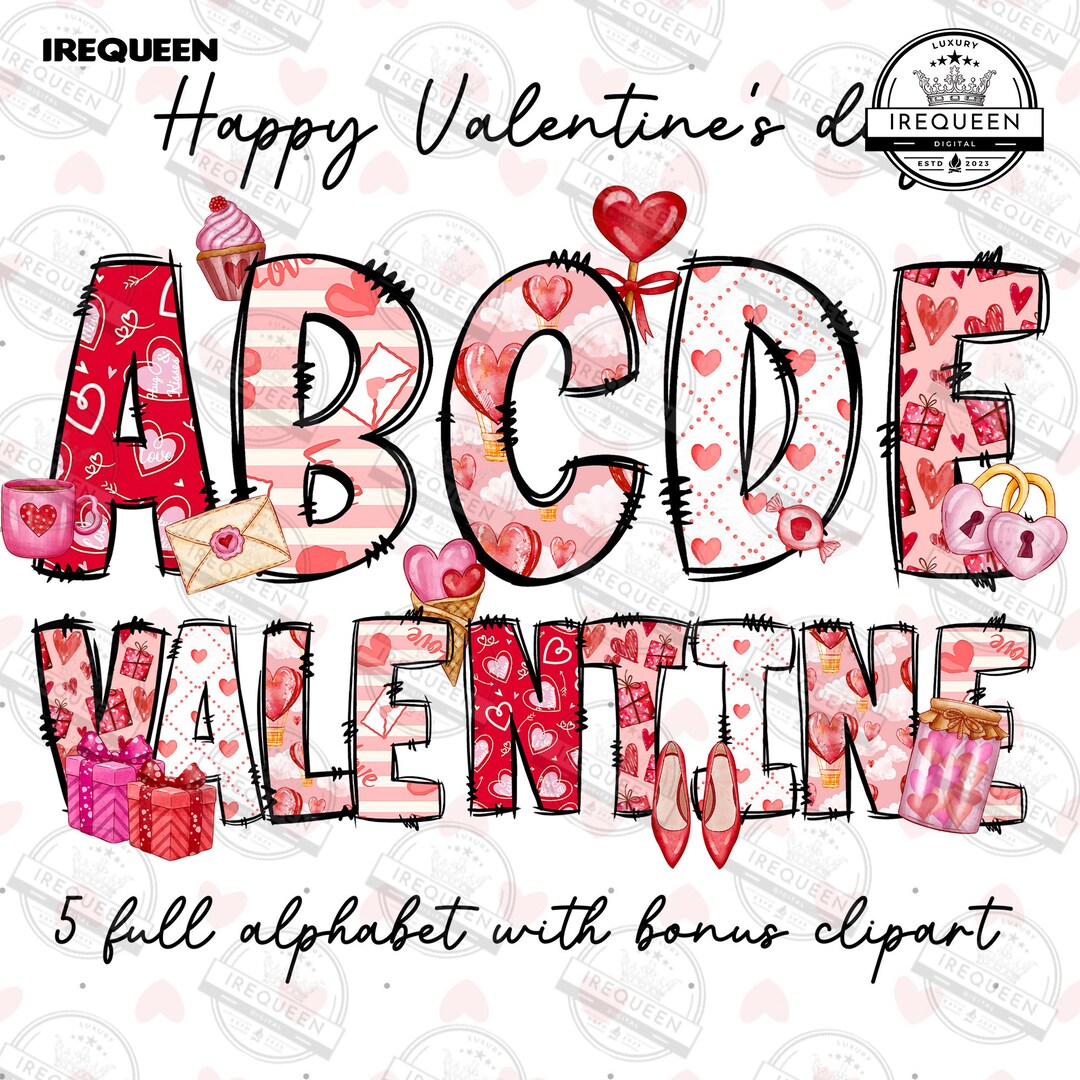 Valentine Alpha Doodle Set Png Bundle, Valentine Heart ABC Alphabet Png ...
