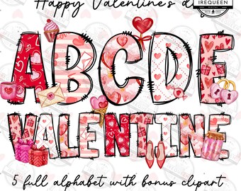 Valentine Alpha Doodle 5 Set Png Bundle, Valentine Heart ABC Alphabet ...