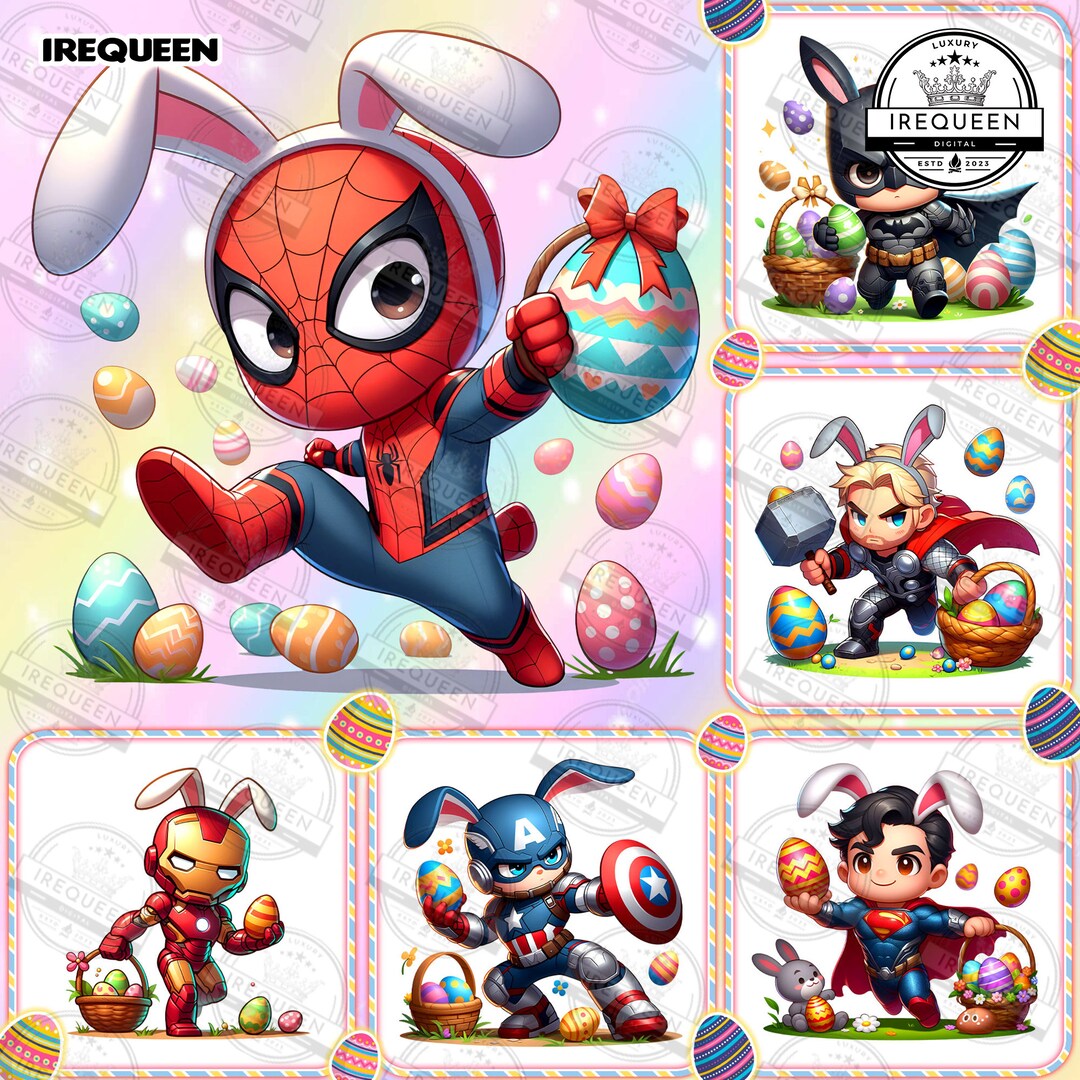 Chibi Superhero Easter Cartoon Png Bundle, Cartoon Easter Png, Happy ...