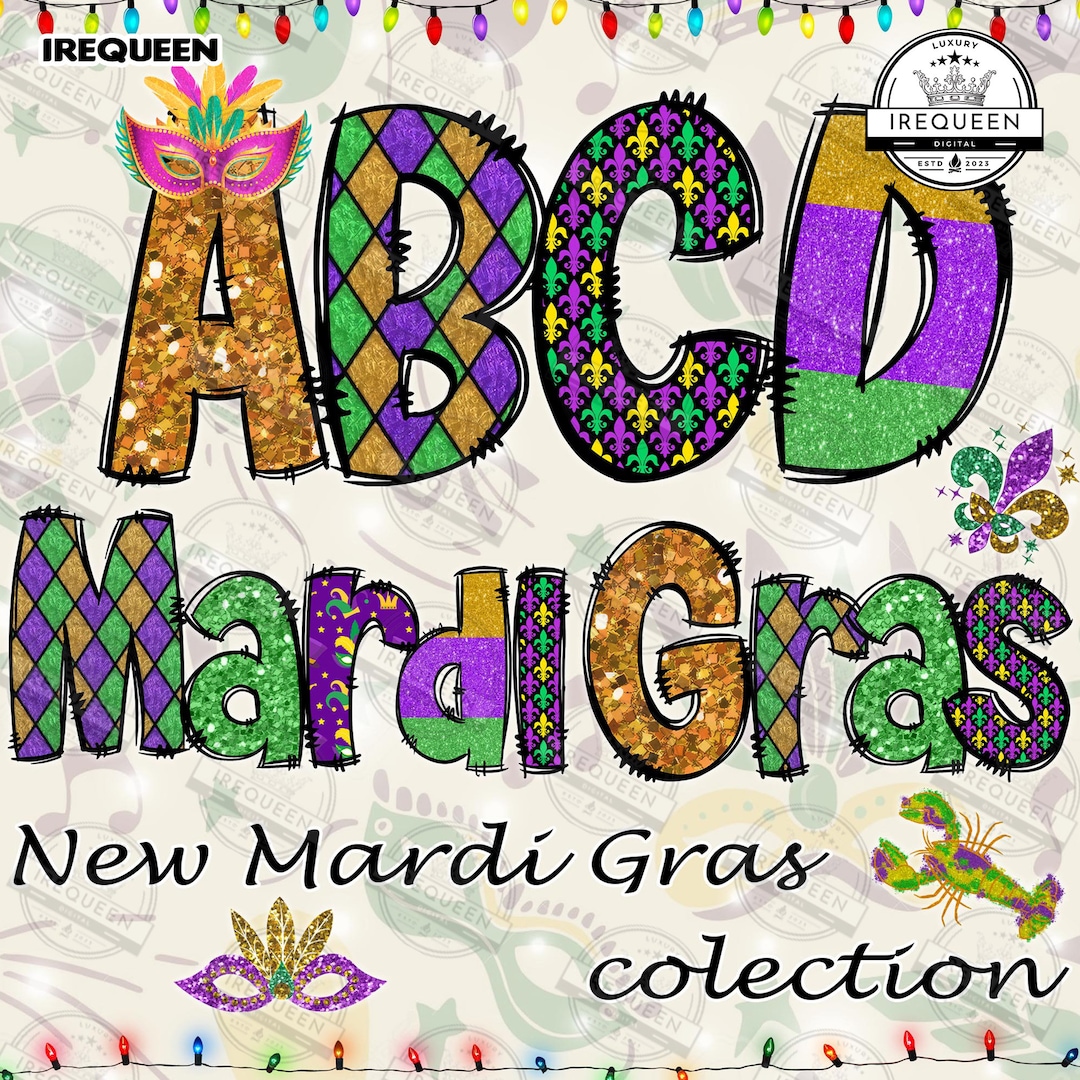 Alphabets Doodle Mardi Gras Glitter Fleur De Lis PNG Sparkly Bundle ...