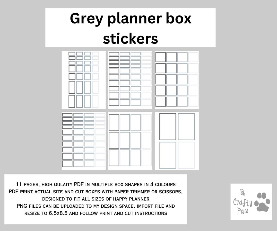 Grey Printable Planner Stickers – Functional Boxes | A4 PDF & PNG ...