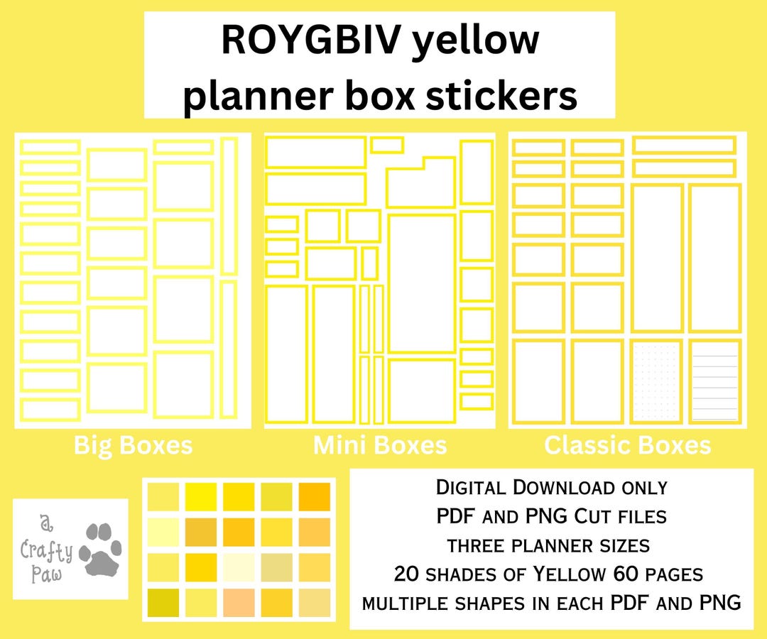 Yellow Printable Planner Stickers – Functional Boxes – 20 Shades Fits ...